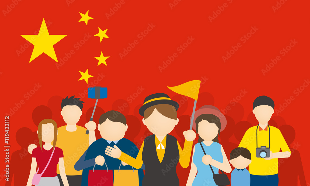 Chinese tourists and tour guide, Inbound tourism, vector illustration ...