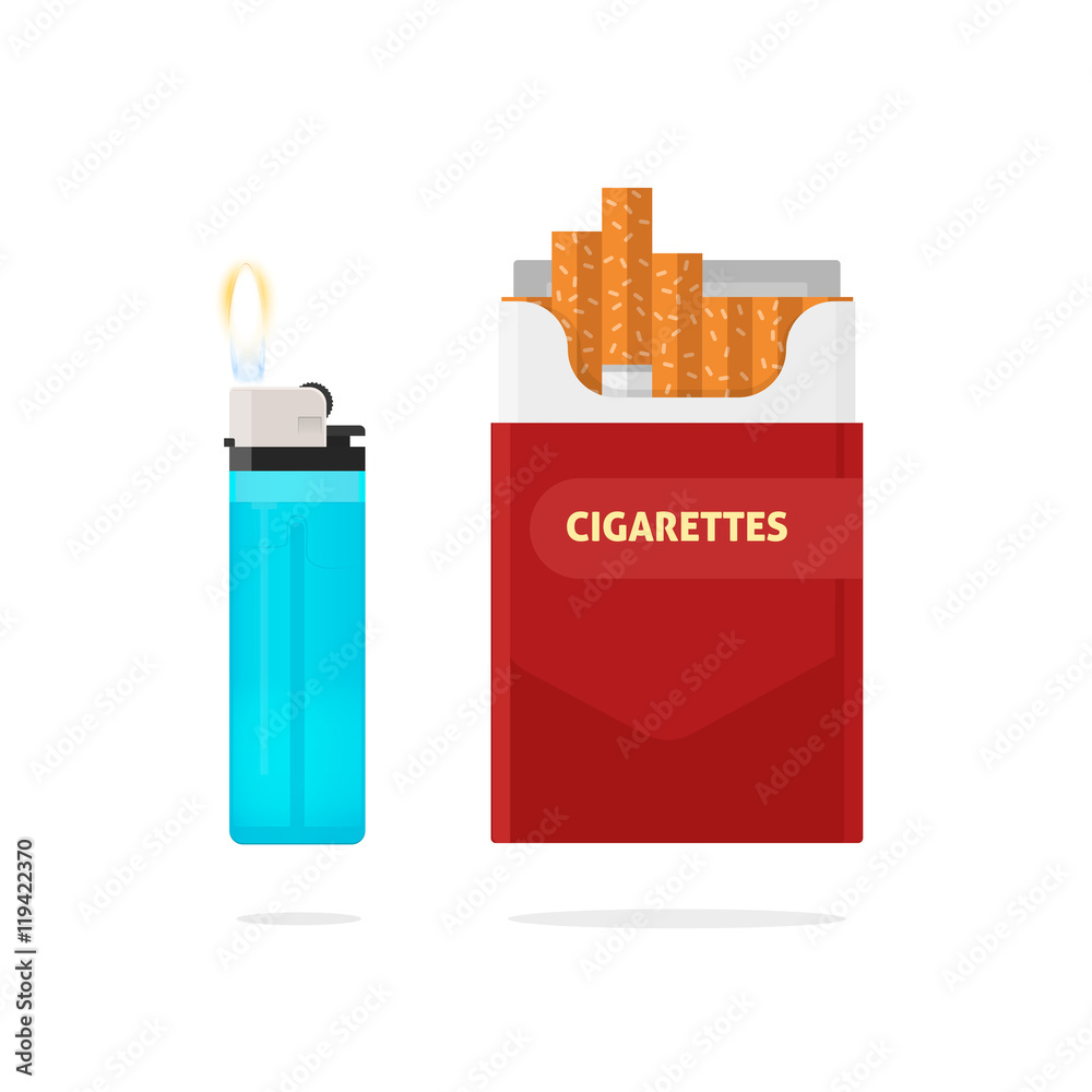 Cigarettes pack box and lighter with fire vector illustration isolated ...