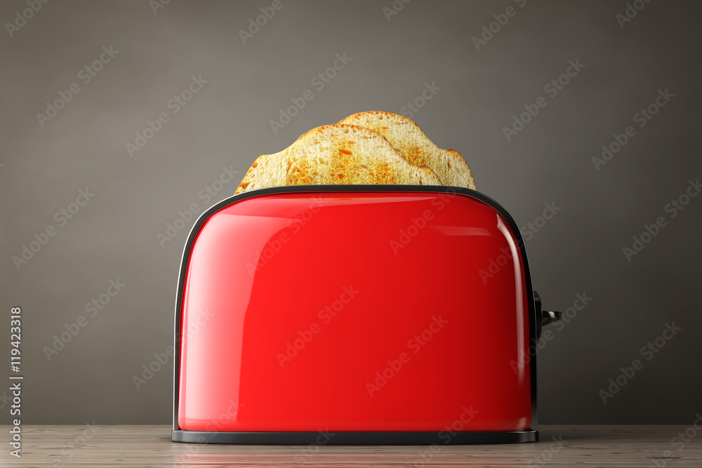 Toast popping out of Vintage Red Toaster. 3d Rendering Stock Photo ...