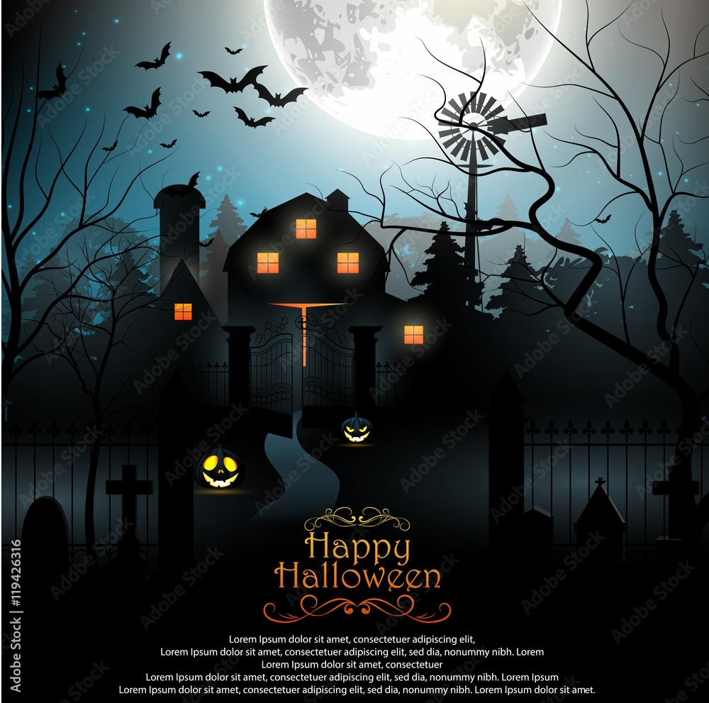 Halloween background with scary graveyard and farmhouse in the woods ...