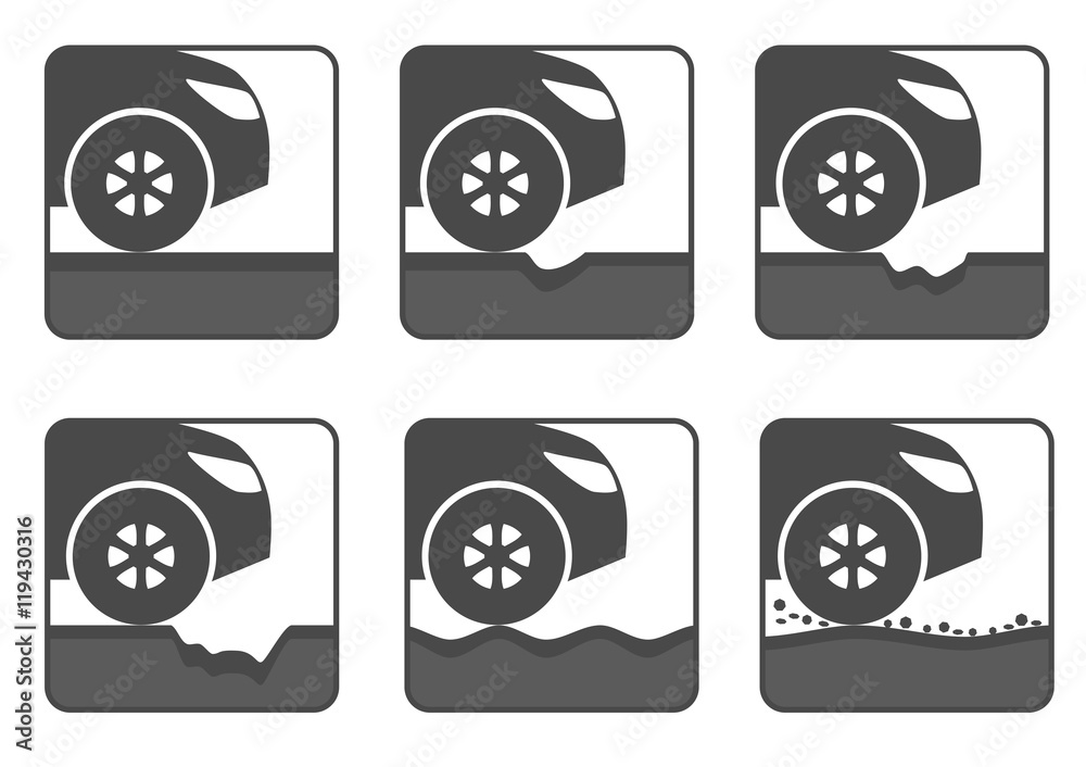Vector icon set of bad road. Different dangers and troubles on the way ...