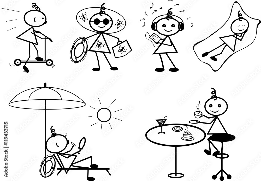 Stick figure positions set vector. Part 3 (to ride a scooter, going to ...