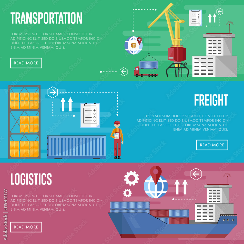 Sea port design concept set with container cargo and shipment flat ...