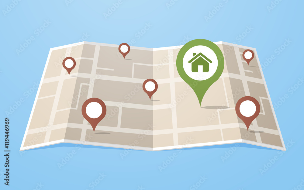 Flat city map with location pins and home icon vector illustration ...