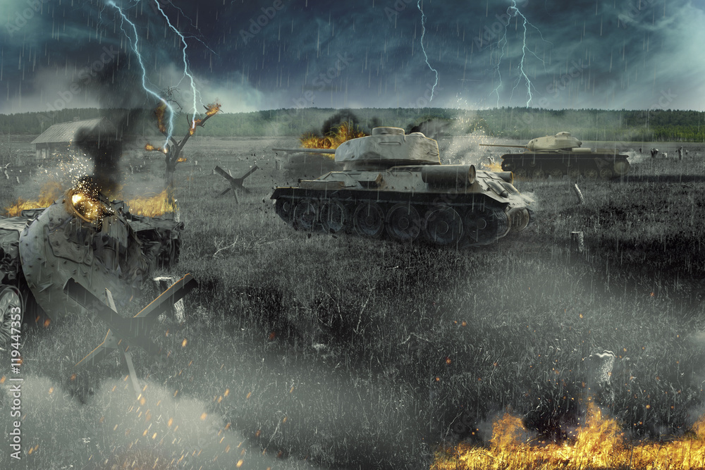 Tank battle in the burned-out field Stock Photo | Adobe Stock
