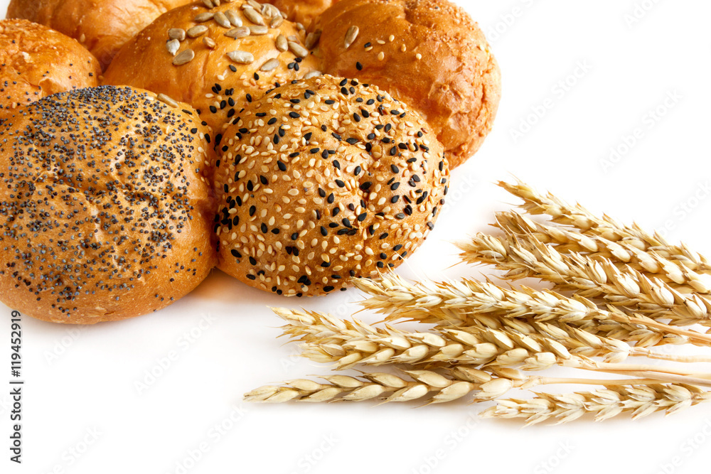 A loaf of baguette bread from wheat ears Yeast sprinkle flour baking ...