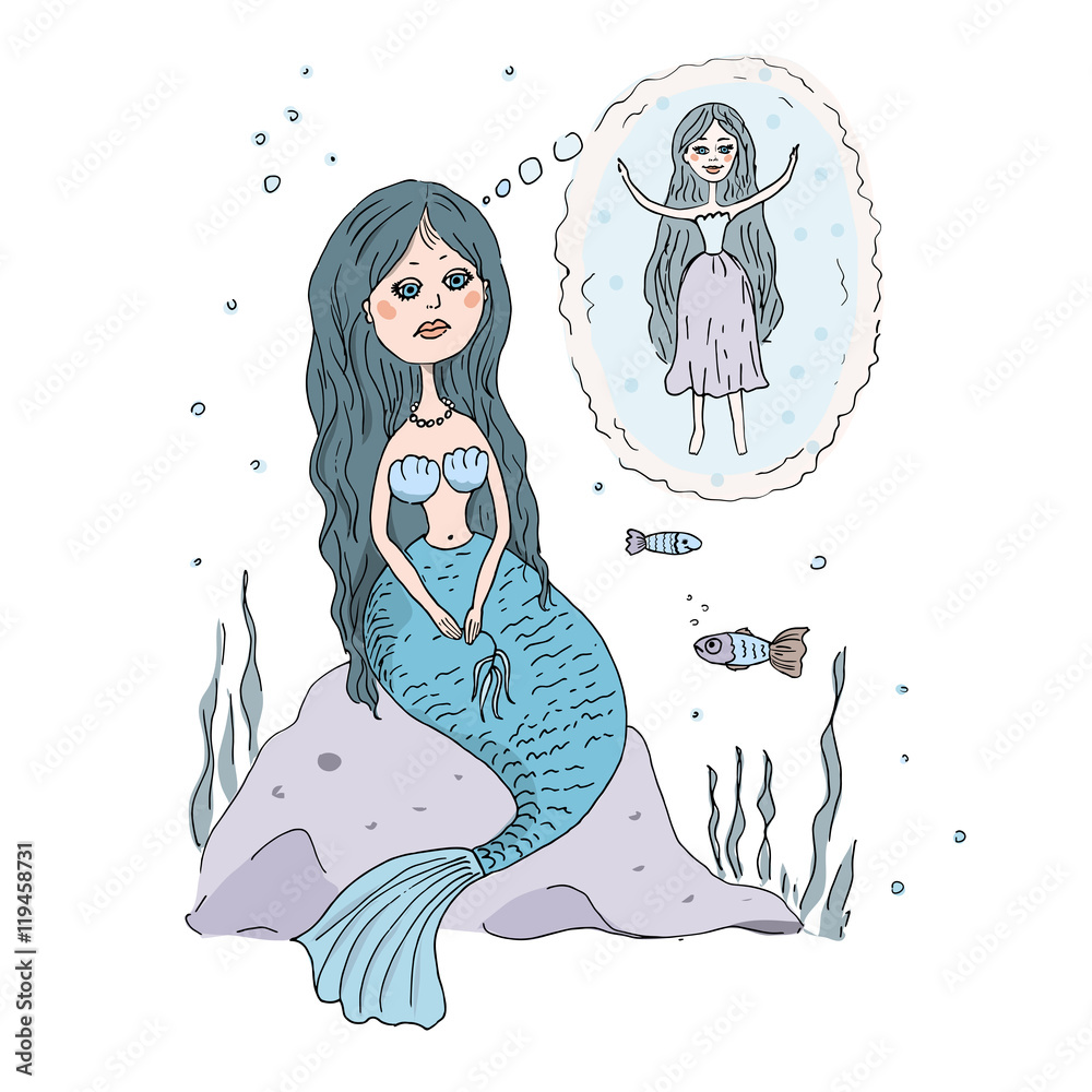 The lovely and sad Little Mermaid sits on a stone Stock Vector | Adobe ...