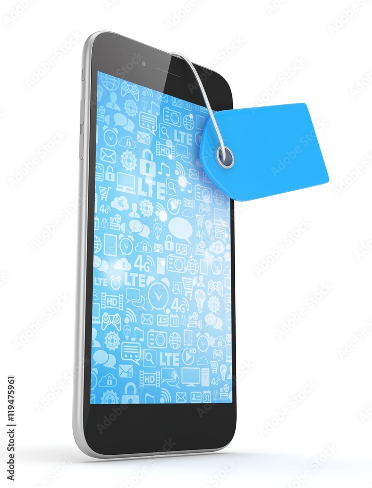 Smart phone with blue price tag on white background. Identification ...