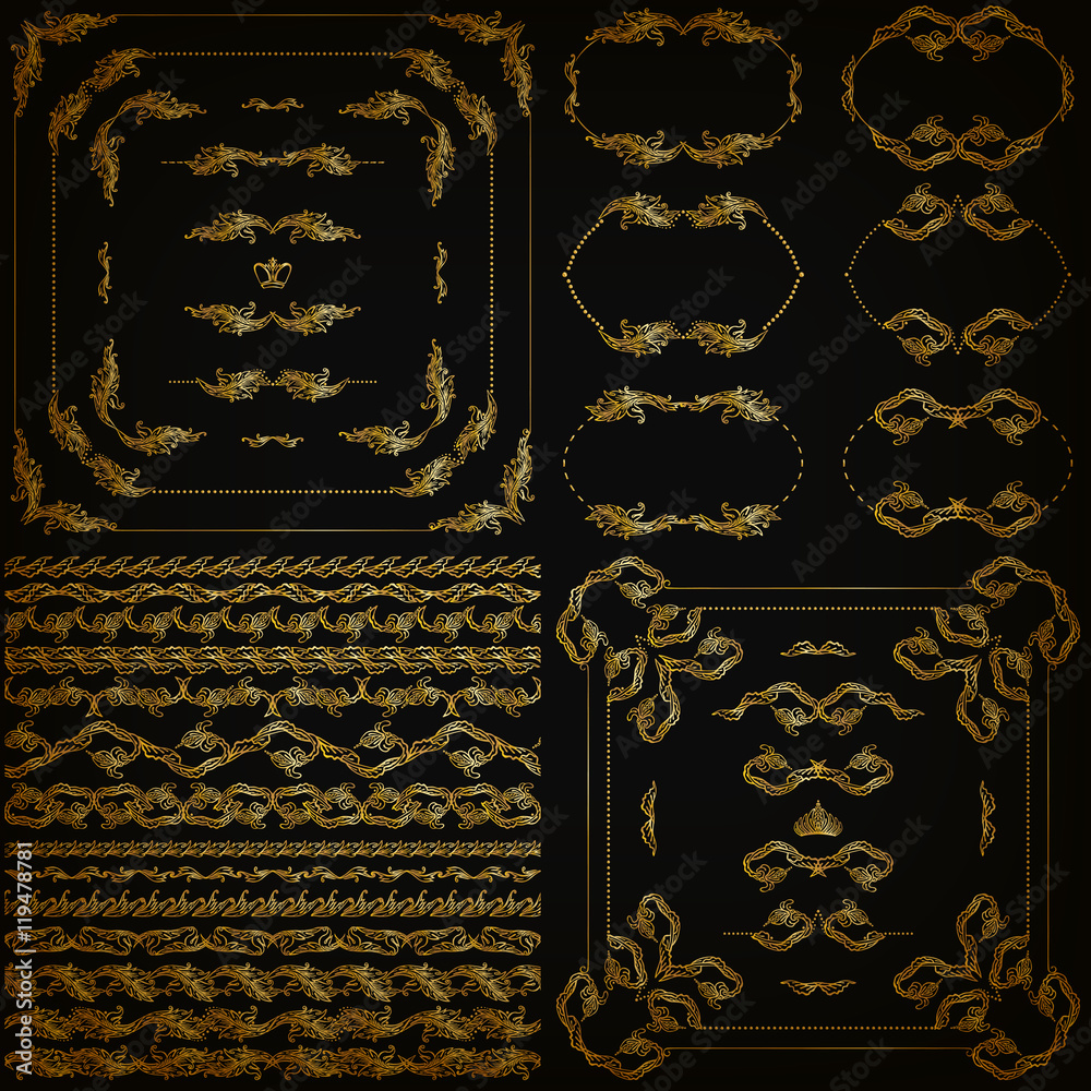 Set of gold decorative hand-drawn floral element, corner, seamless ...