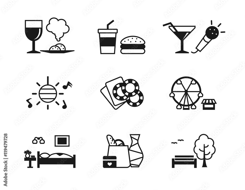 Vector set of recreation icons. Different types of holiday activities ...