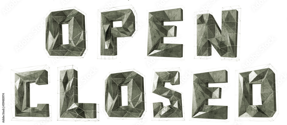 The words OPEN and CLOSED written in 3d metal letters, digital design ...