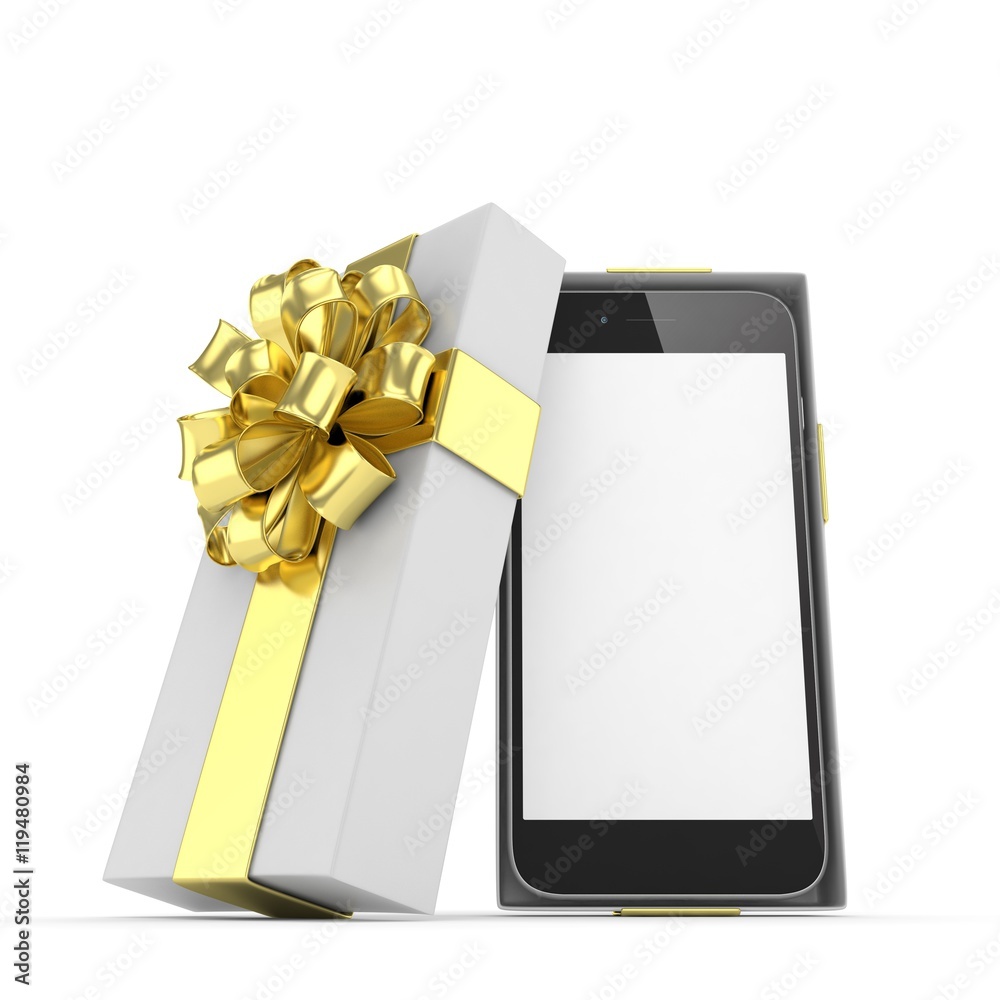 Smartphone in gift box. Isolated on white background. 3d rendering ...