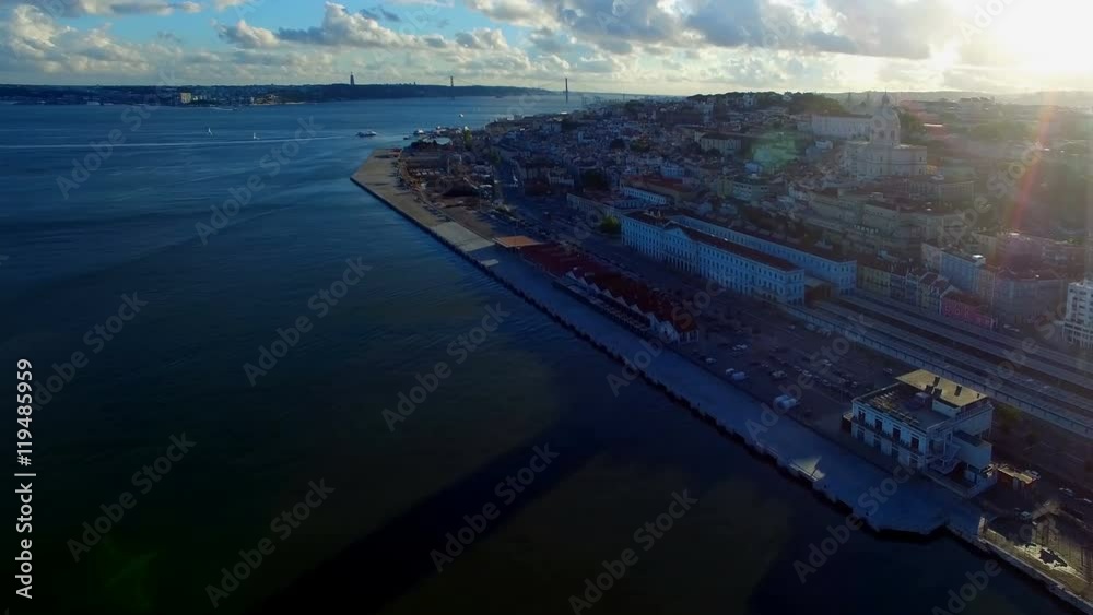 Aerial ocean view of Lisbon city coastline and waterfront, river bridge ...