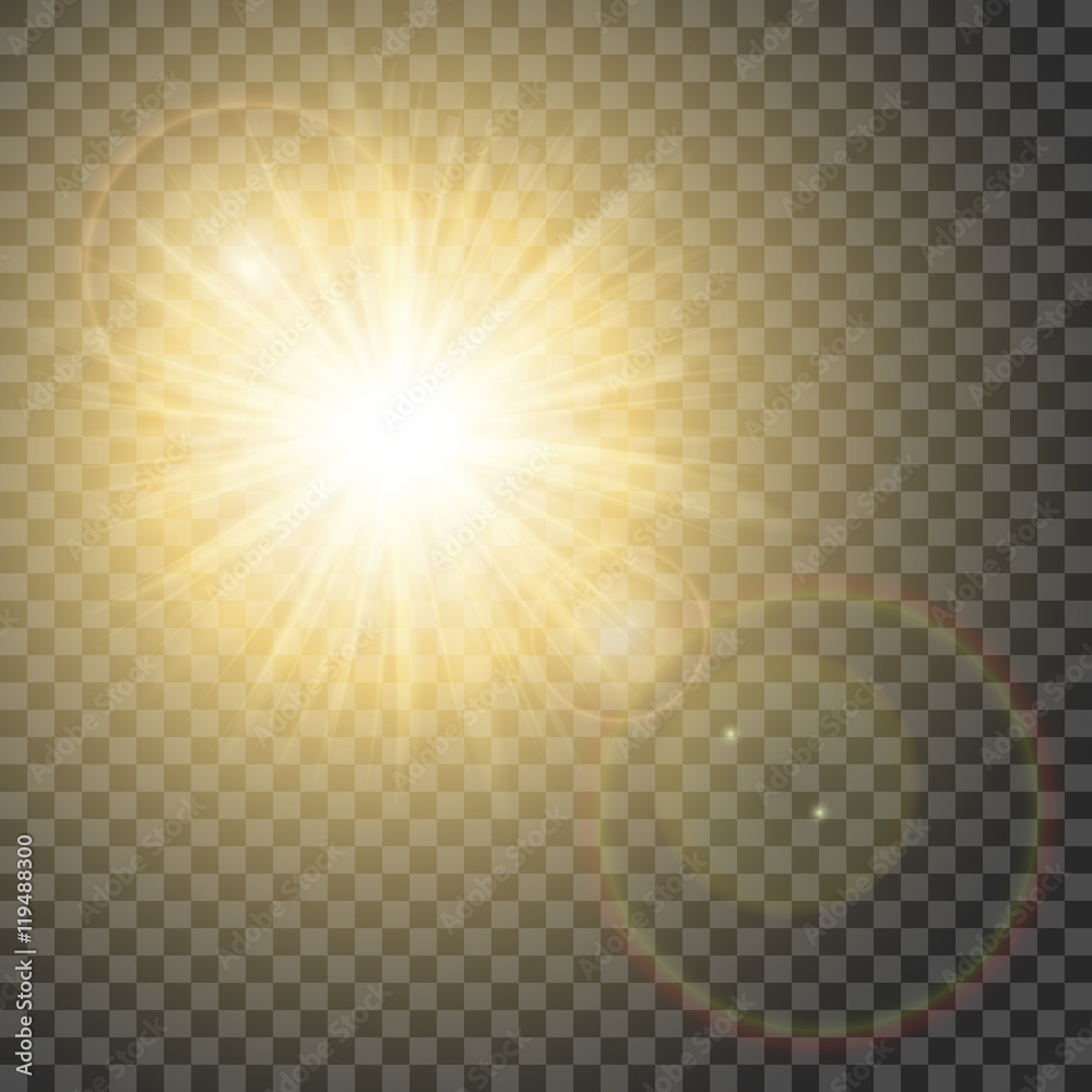 Glowing sun with hot spot and flares on transparent background ...