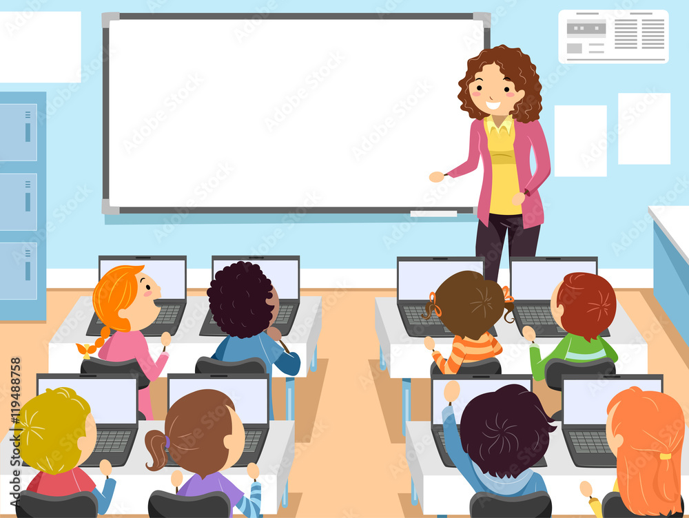 Stickman Kids Computer Class Stock Vector | Adobe Stock