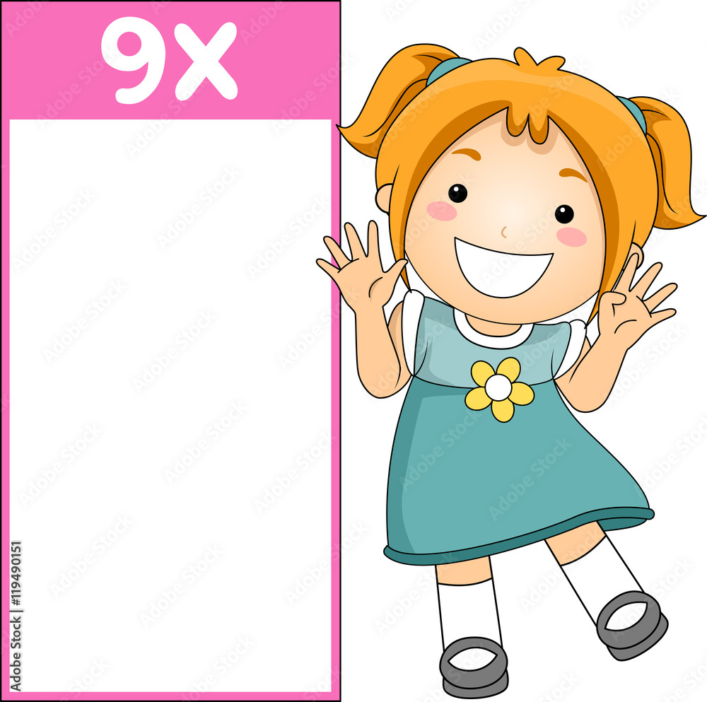 Kid Girl Multiplication Table Flash Card Nine Stock Vector | Adobe Stock