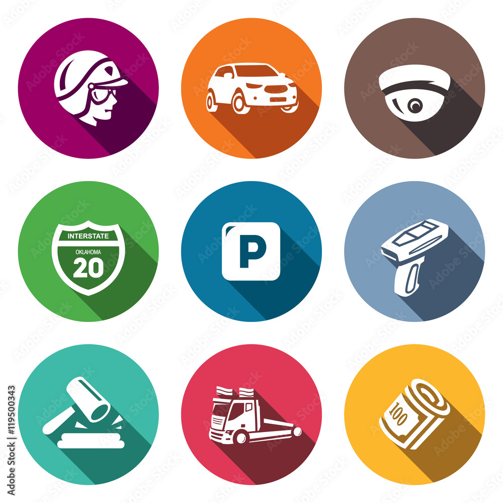 Vector Set of Road Patrol Police Icons. Cop, Car, CCTV, Sign, Parking ...
