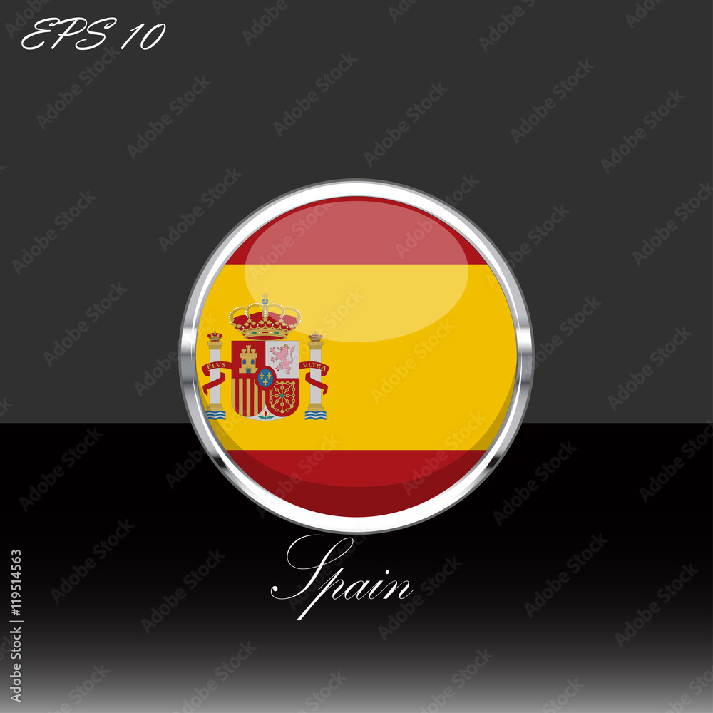 Spain flag isolated on black background. Spanish flag button in silver ...