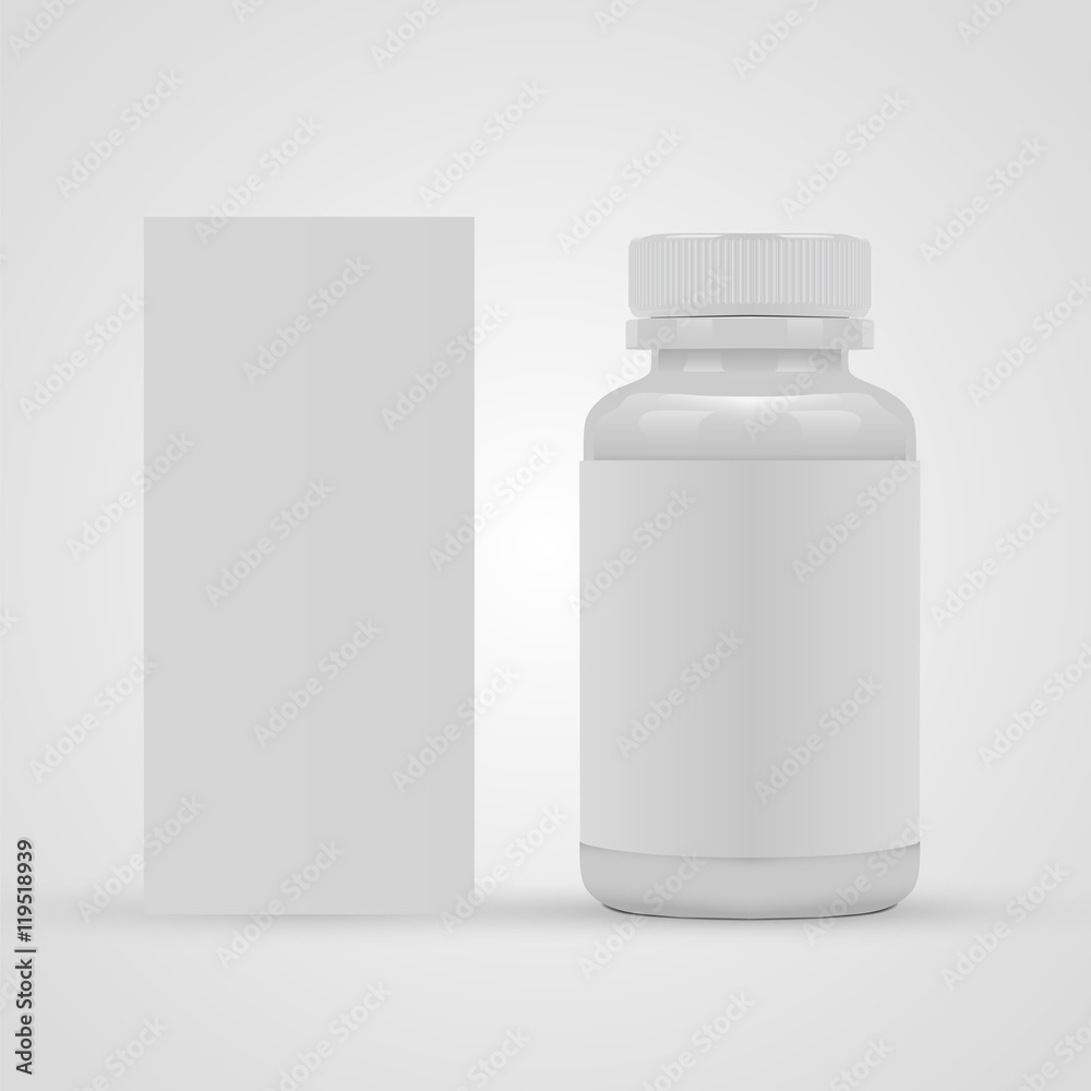 Blank pills container with blank label and package box isolated on ...