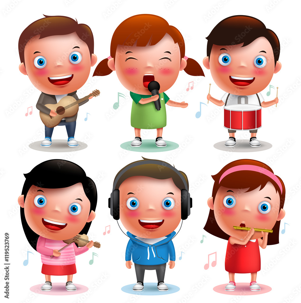 Kids vector characters playing musical instruments like guitar, violin ...