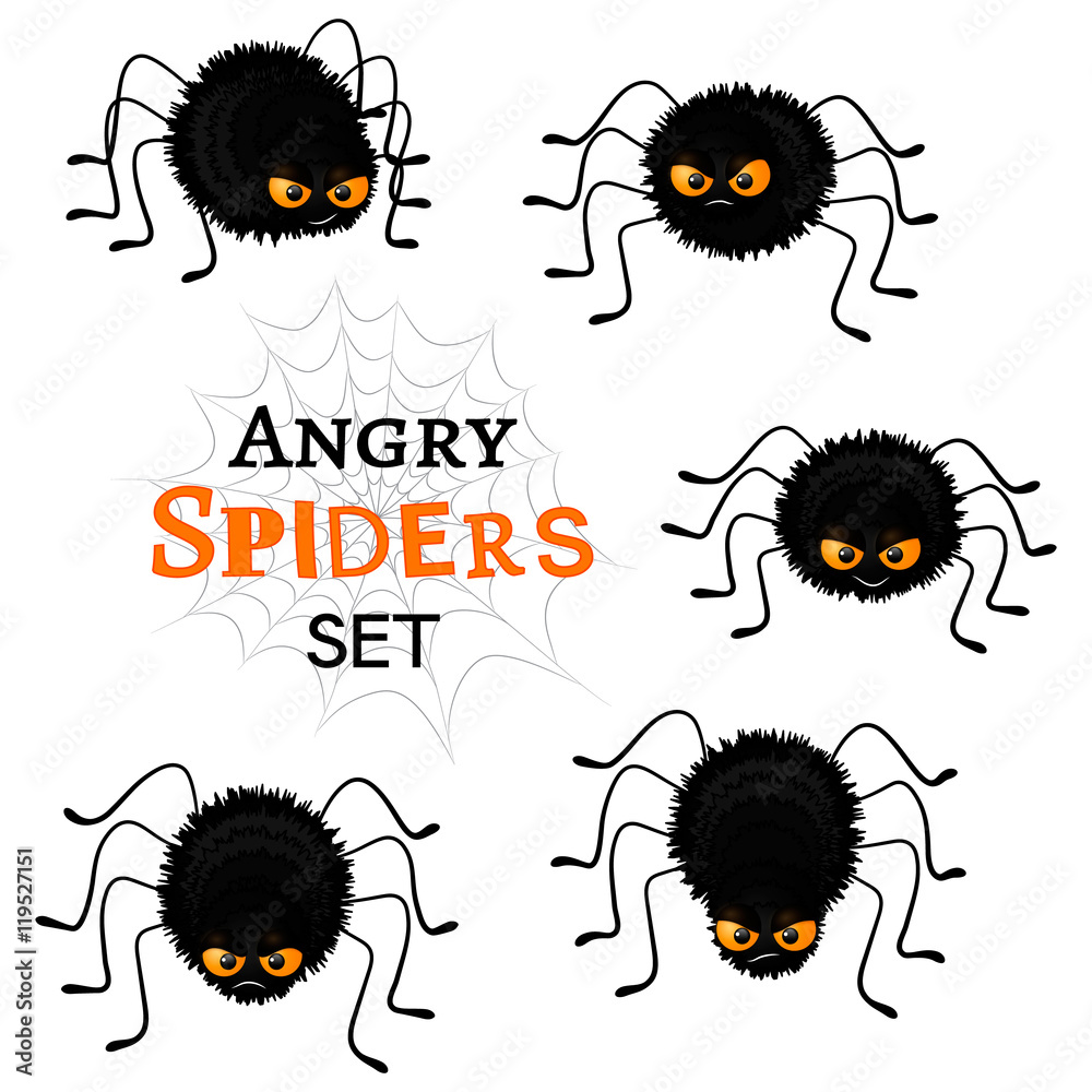 Cartoon scary black spiders set isolated on white background. Funny ...