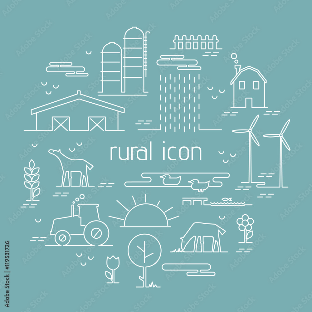 Thin line flat design rural landscape icon. Set elements with house and ...