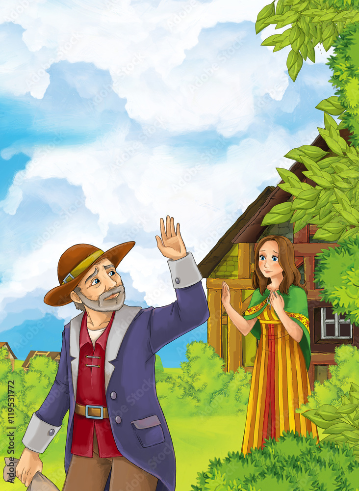 Cartoon happy and funny farm scene with father waving for goodbye to ...