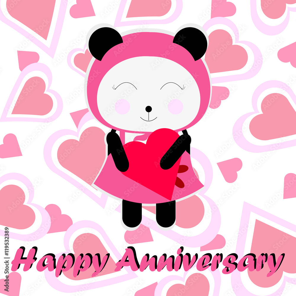 Anniversary illustration with cute pink panda bring heart shape ...