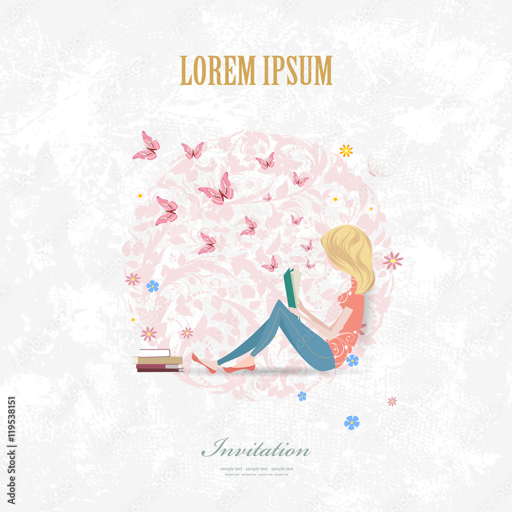 Invitation card with pretty girl is reading a book on grange bac Stock ...