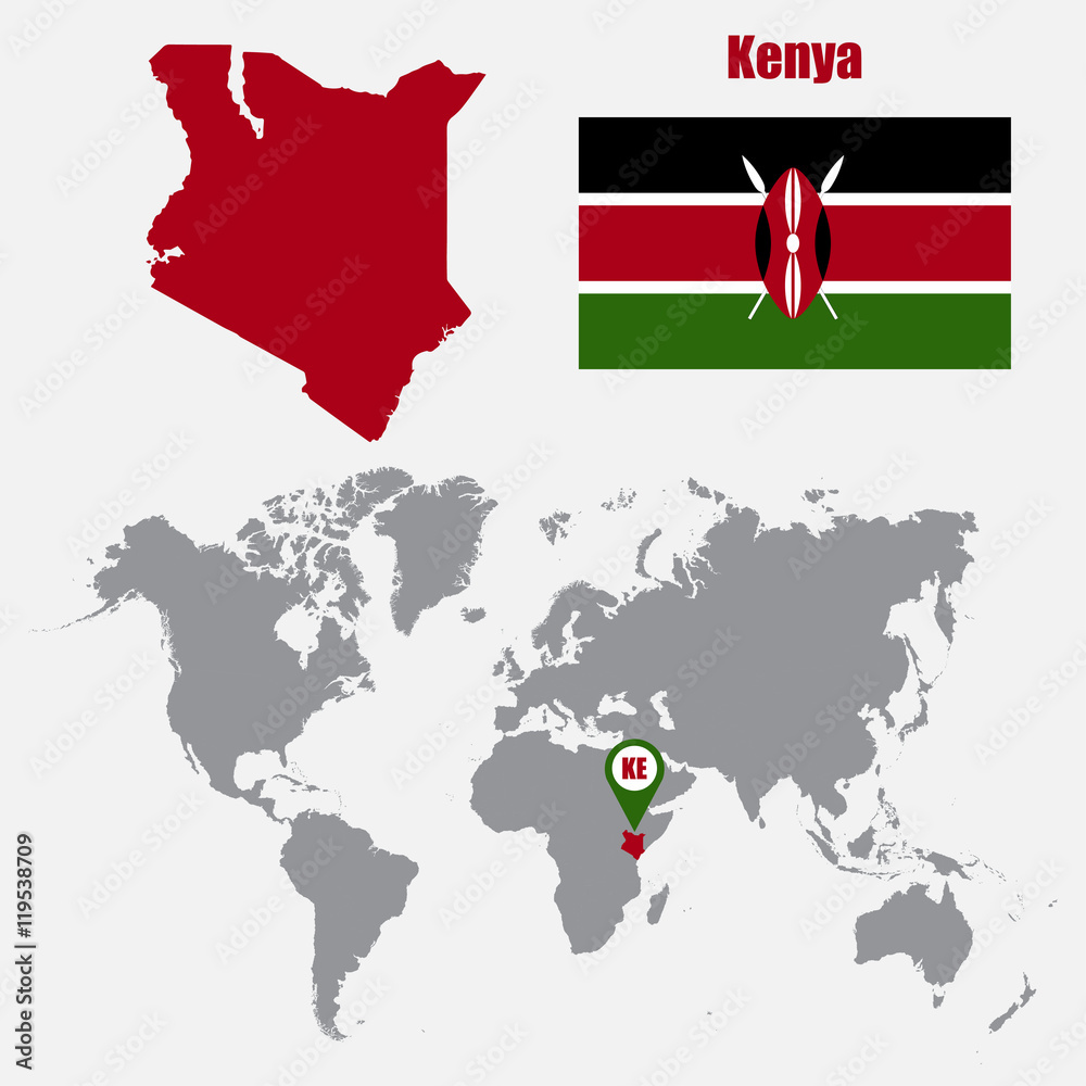 Kenya map on a world map with flag and map pointer. Vector illustration ...