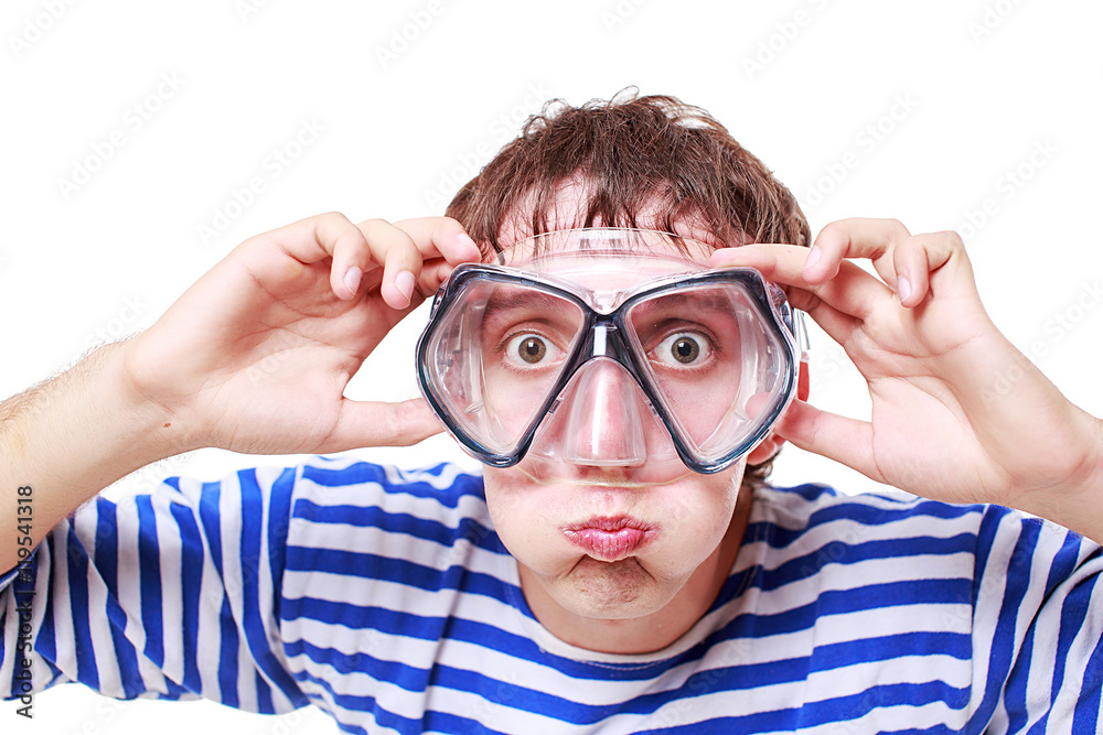 funny guy shows swimming underwater isolated on white background. young ...