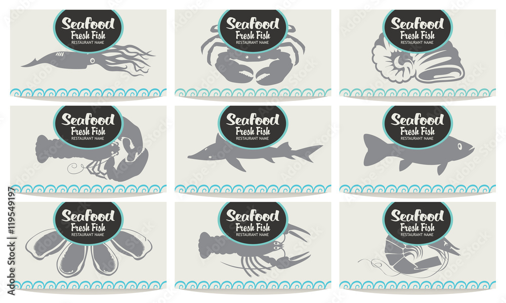 set business card for a seafood restaurant with a picture of marine ...
