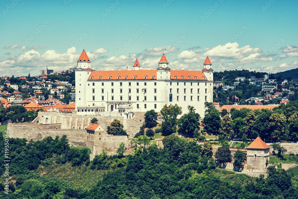 Poster Bratislava castle in capital city of Slovakia, blue retro photo ...