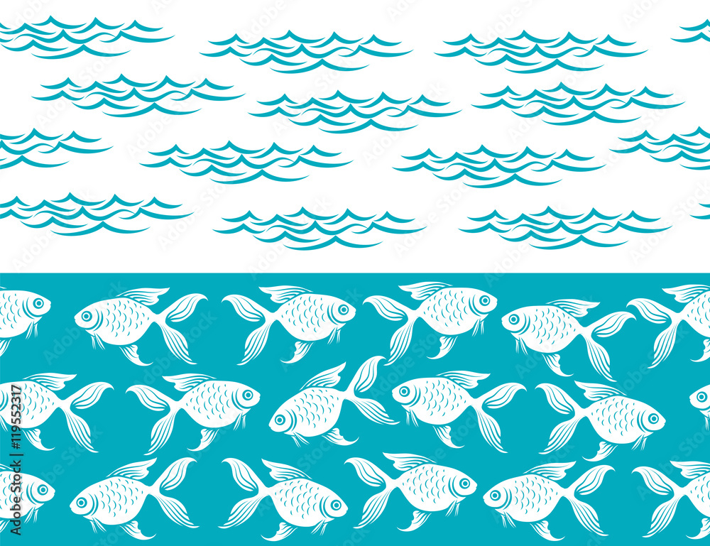 Ocean seamless borders with waves and fish vector Stock Vector | Adobe ...