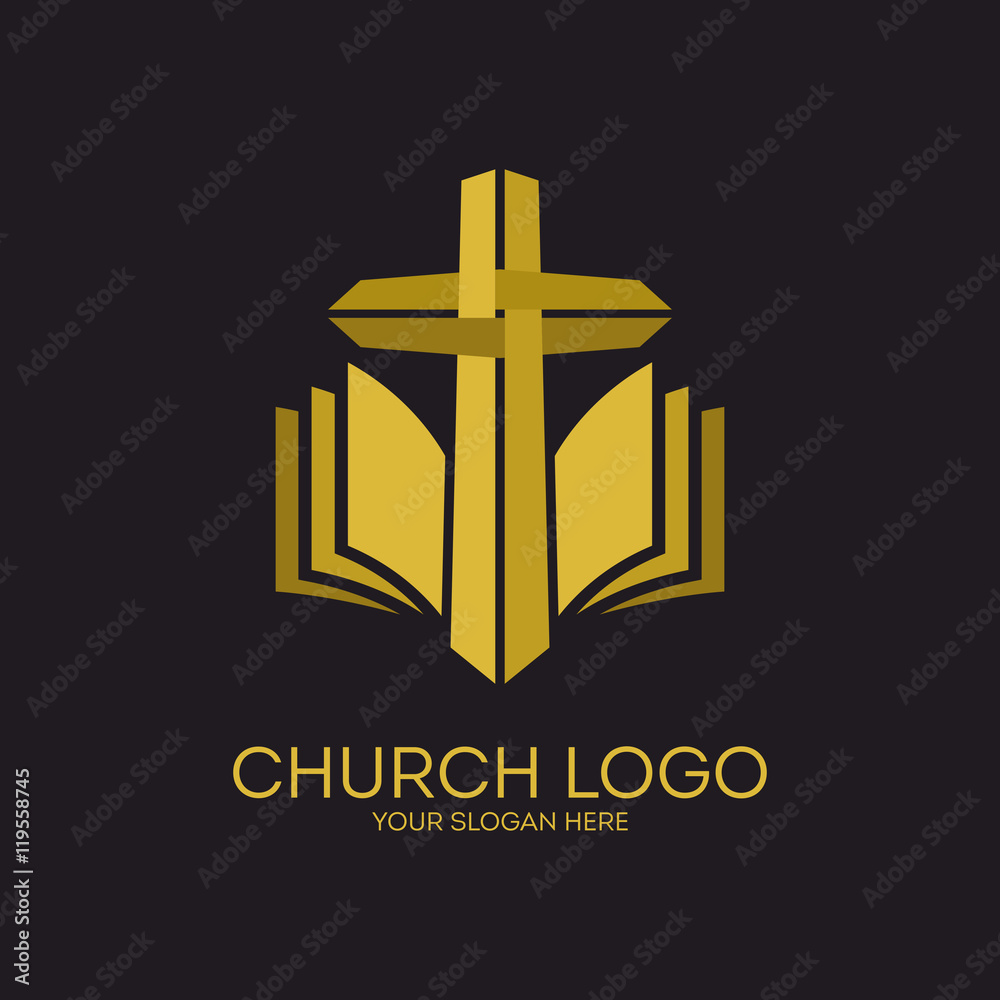 Church logo. Christian symbols. Gold cross and Holy bible. Stock Vector ...
