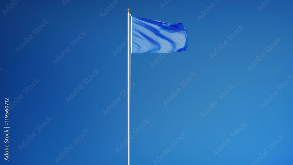 Light blue flag waving against clean blue sky, long shot, isolated with ...