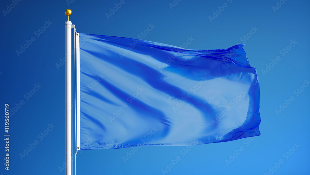 Light blue flag waving against clean blue sky, close up, isolated with ...