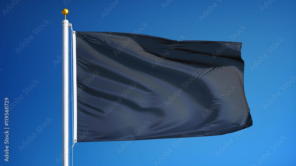 Dark black flag waving against clean blue sky, close up, isolated with ...