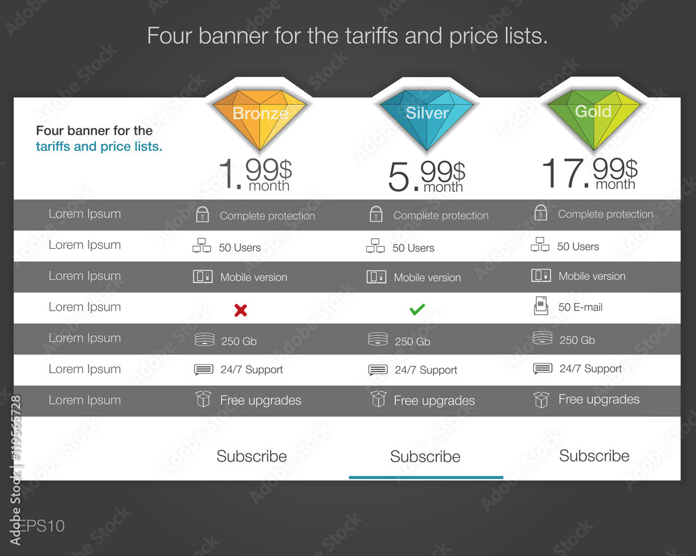 Four banner for the tariffs and price lists. Web elements. Plan hosting ...