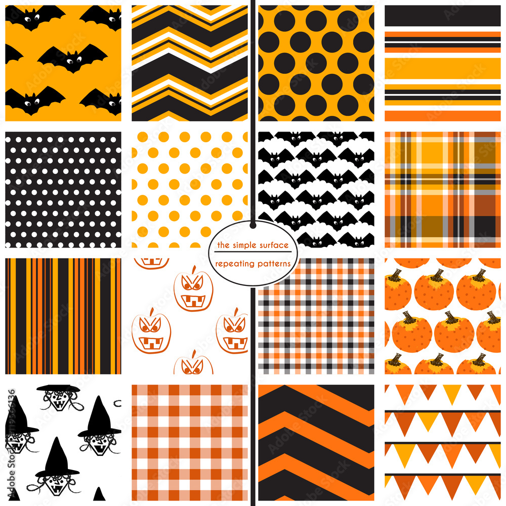 Halloween seamless pattern set. 16 repeating patterns for halloween ...