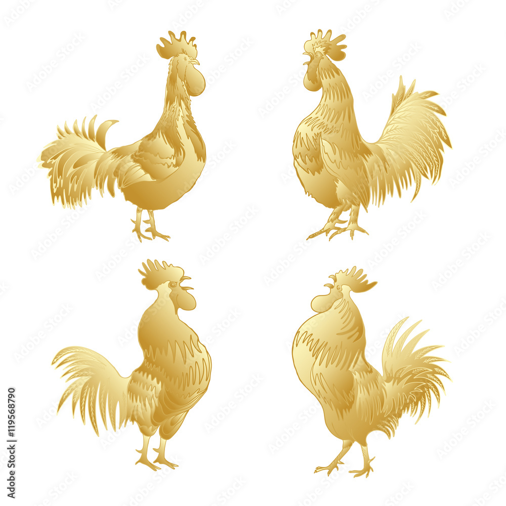 Set of Chinese 2017 new year of the Rooster symbols. Gold metallic ...