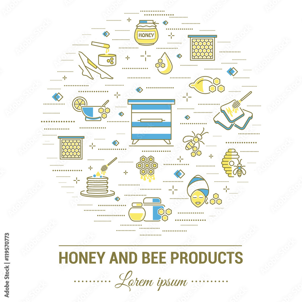 Flat line illustration of honey and bee products for card, advertising ...