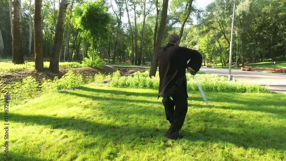 Training in the park. Man practicing elements of qigong. The adult man ...