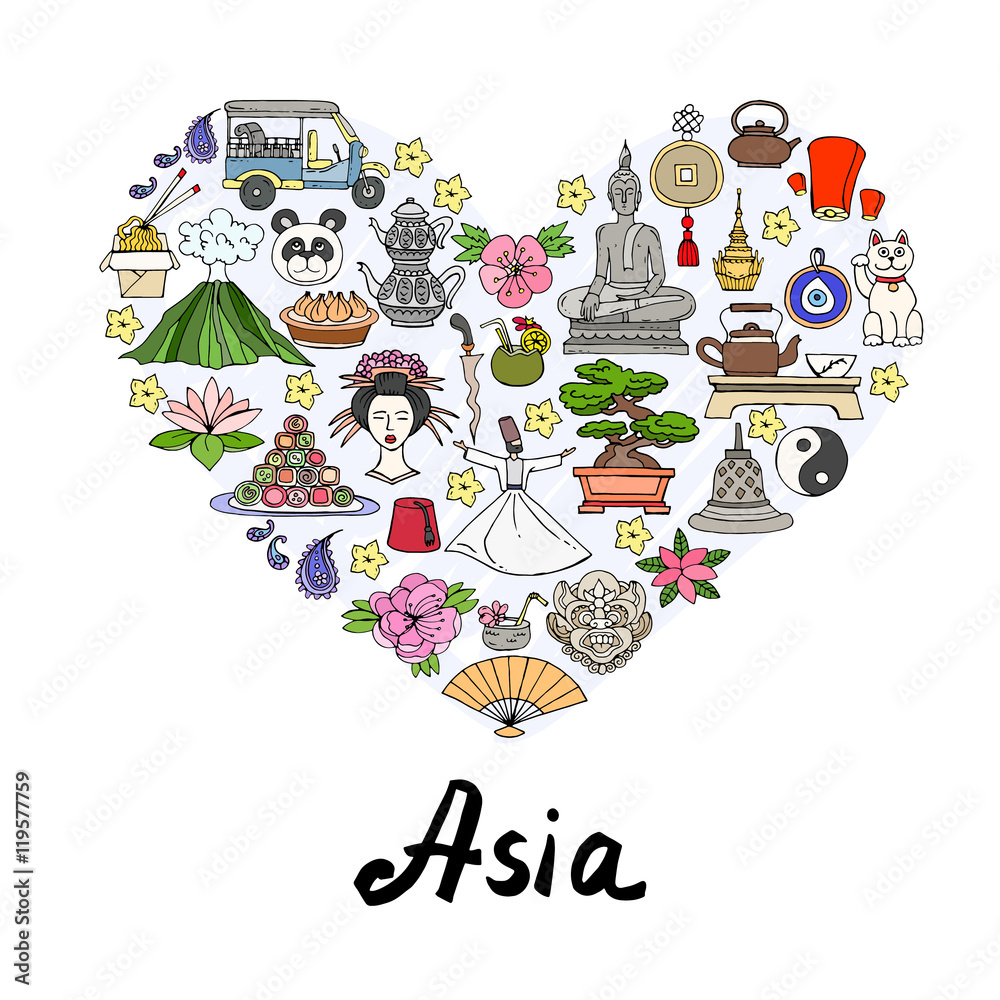 Stylized heart with hand drawn colored symbols of Asian countries Stock ...