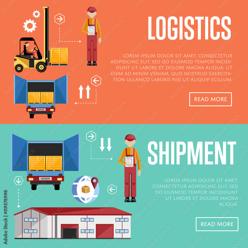 Shipment and logistic banners set vector illustration. Warehouse ...