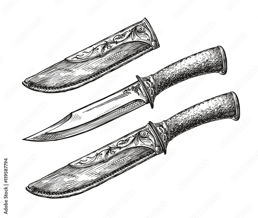 Hand-drawn vintage knife. Sketch edged weapon. Vector illustration ...