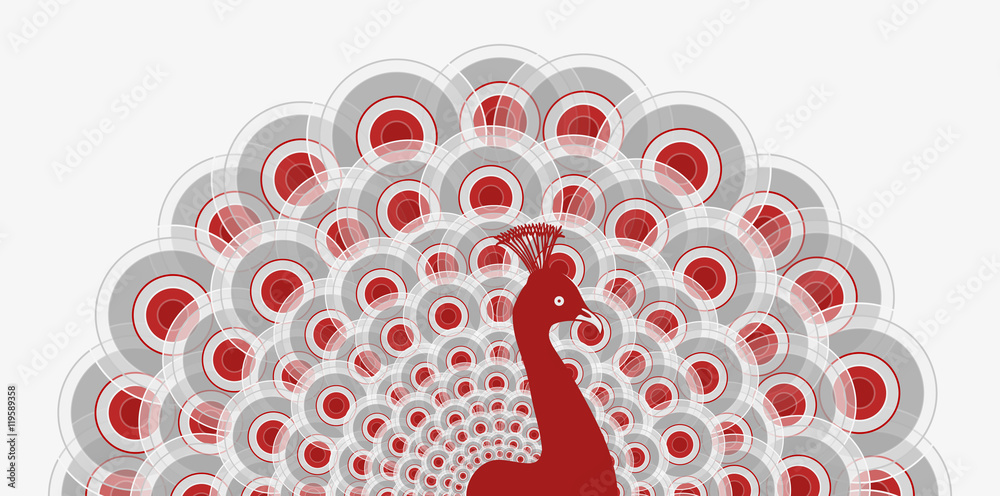 stylized peacock with an open tail in silver and red color palette ...