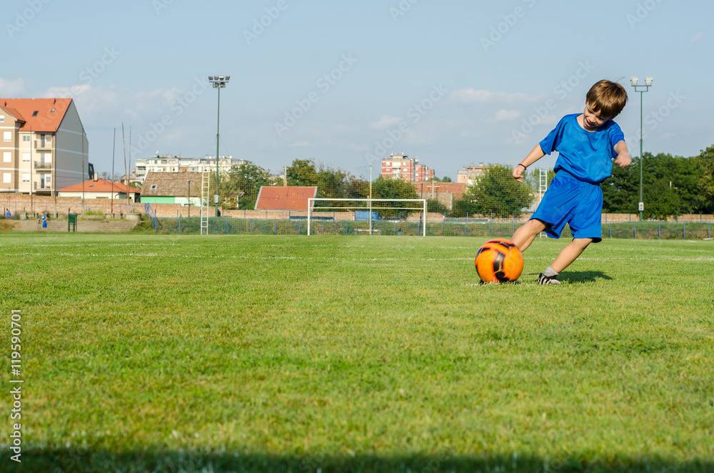 Young child hits the ball on the soccer field Stock Photo | Adobe Stock