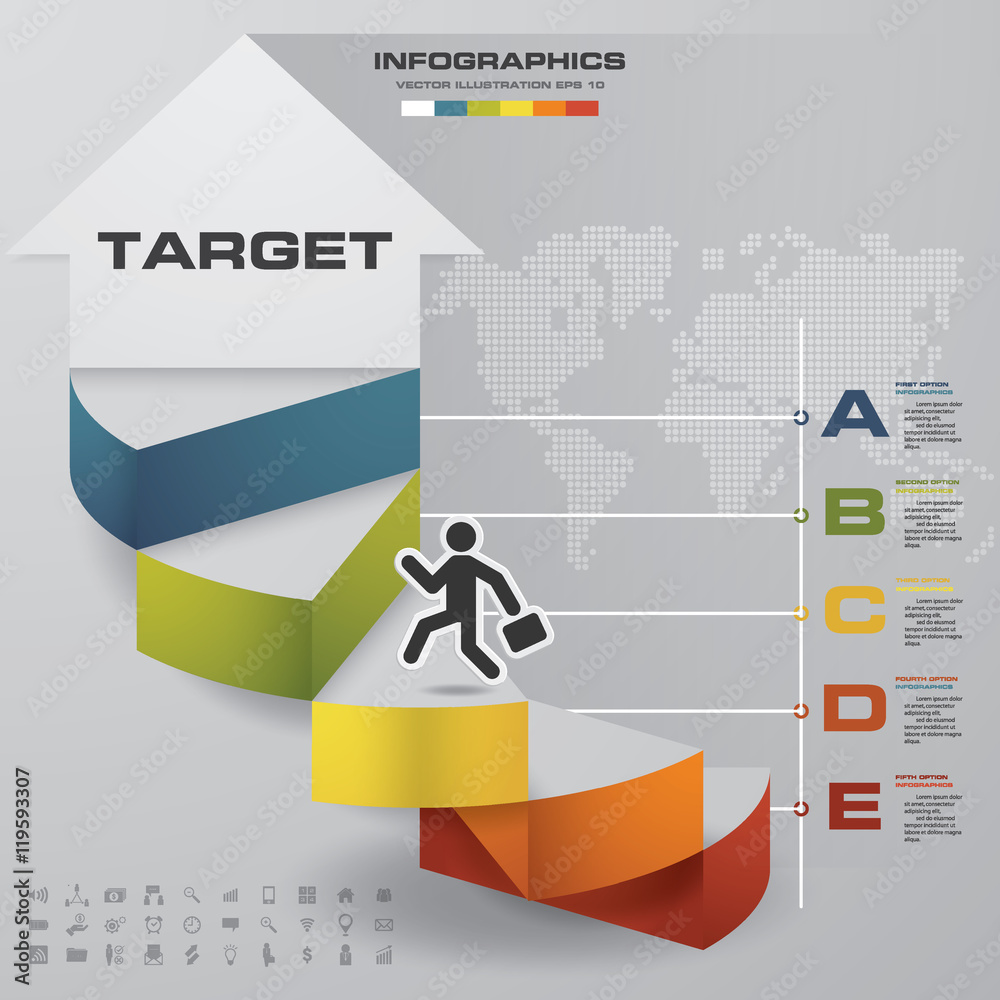 5 steps/levels/charts Infographics vector in arrow shape template. grey ...