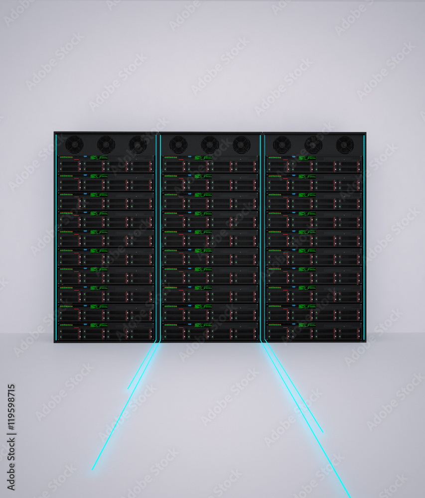 3d render of server rack, with optic fiber glowing representing speed ...